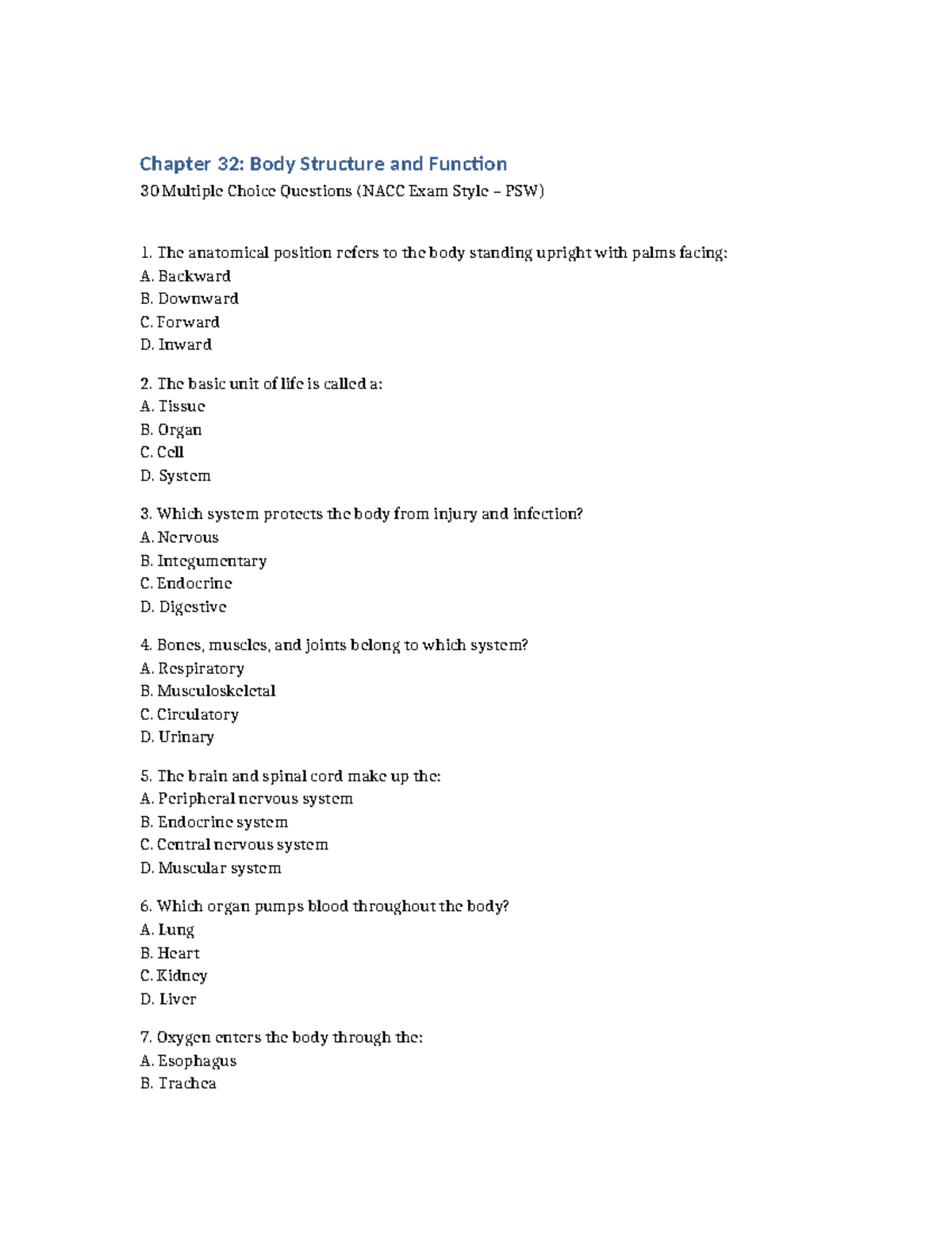 Chapter 32: Body Structure & Function MCQs (NACC Exam Style) - Studocu