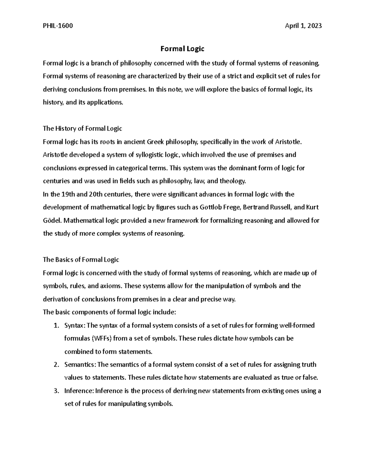 PHIL-1600: Formal Logic - PHIL-1600 April 1, 2023 Formal Logic Formal ...