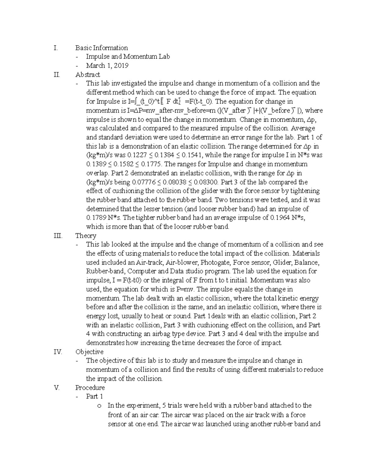 Impulse and Momentum Lab Report (Physics 101) - Studocu