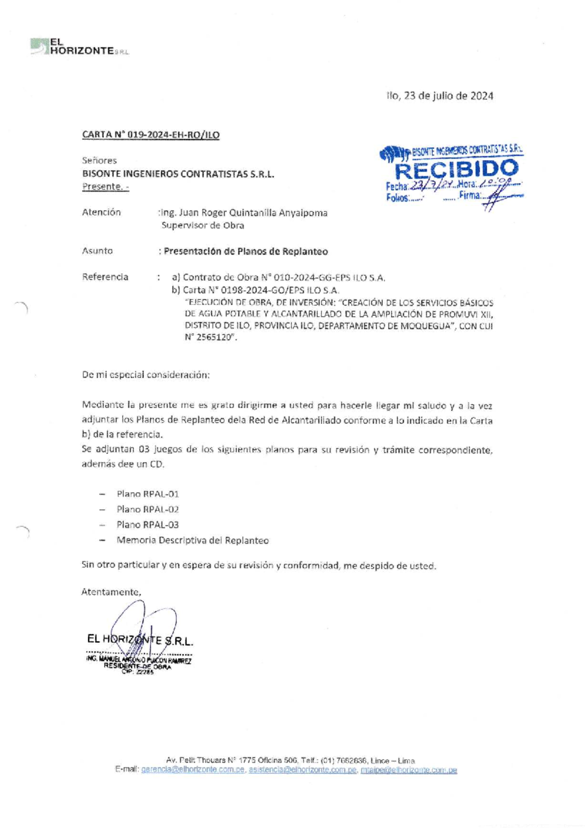 Carta N° 019-2024-EH-RO-ILO - Presentación Planos Replanteo Red Alcant - EL HORIZONTE cARJiA N ...