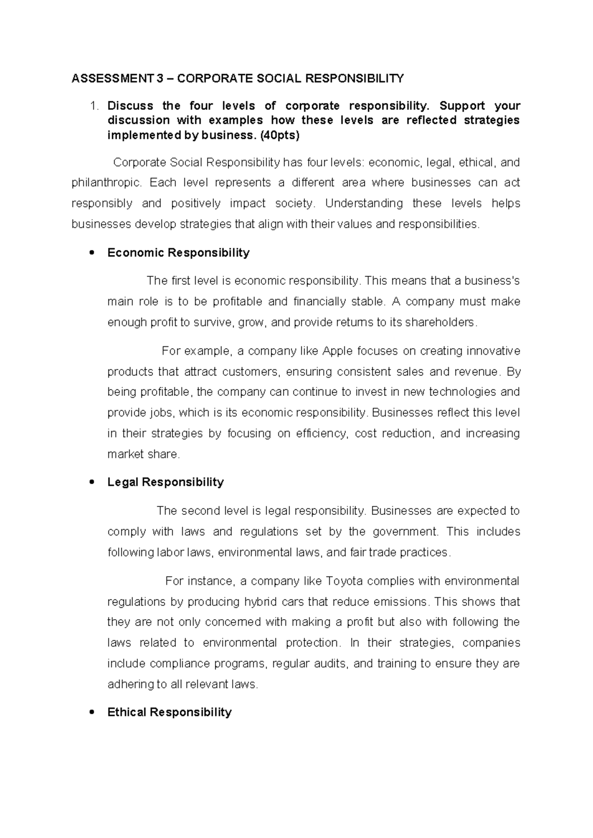 Assessment 3 - Corporate Social Responsibility: Levels & Examples - Studocu