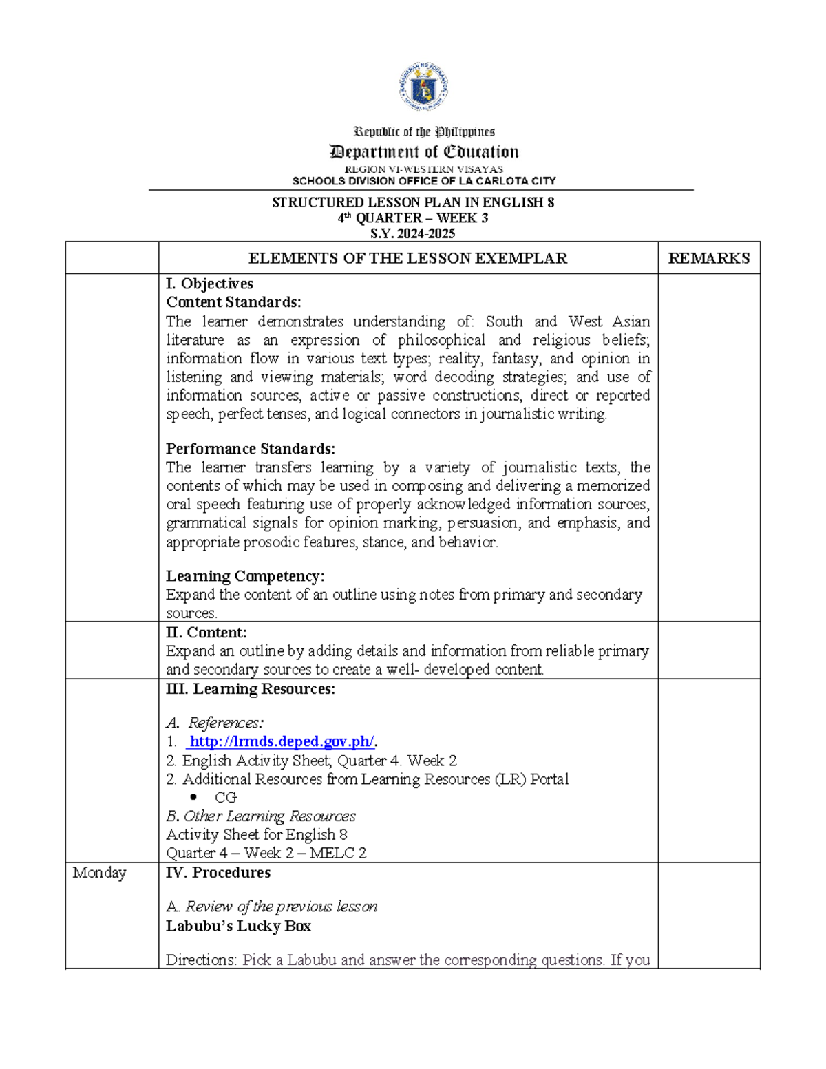 Title: English 8 4th Quarter Week 3 Lesson Exemplar: Outlining ...