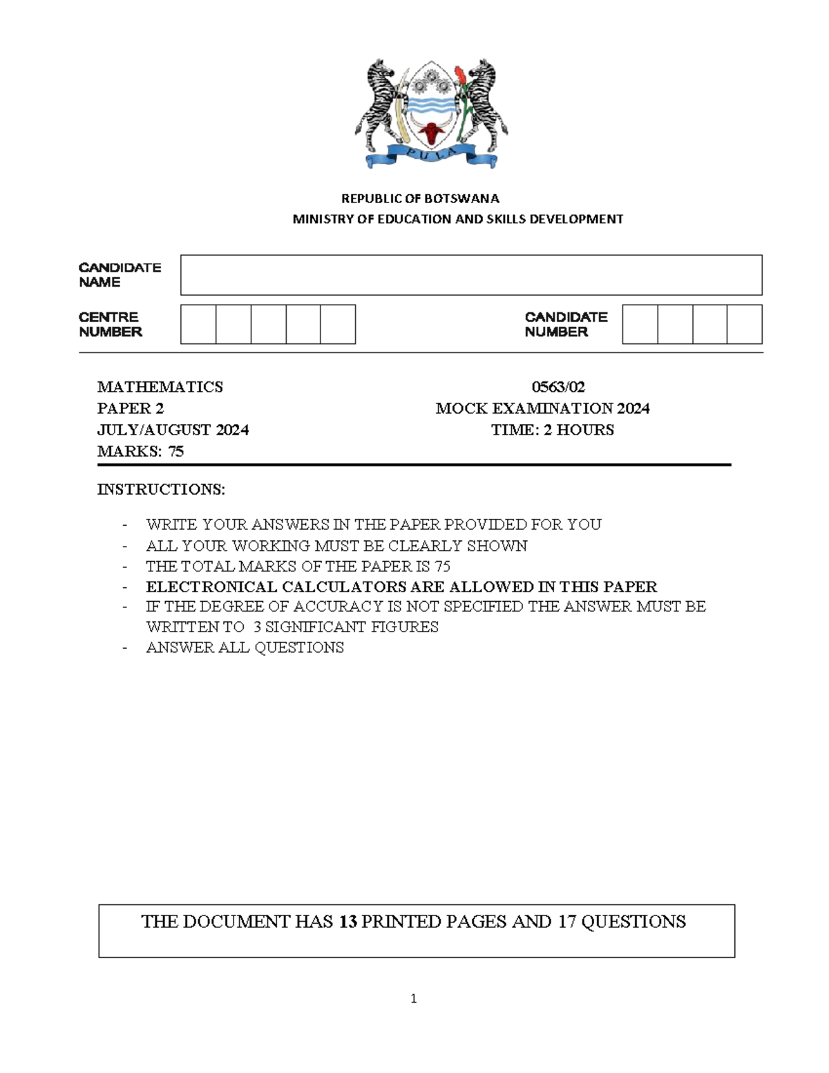 Mathematics Paper 2 Mock Exam 2024 - BGCSE (75 Marks) - Studocu