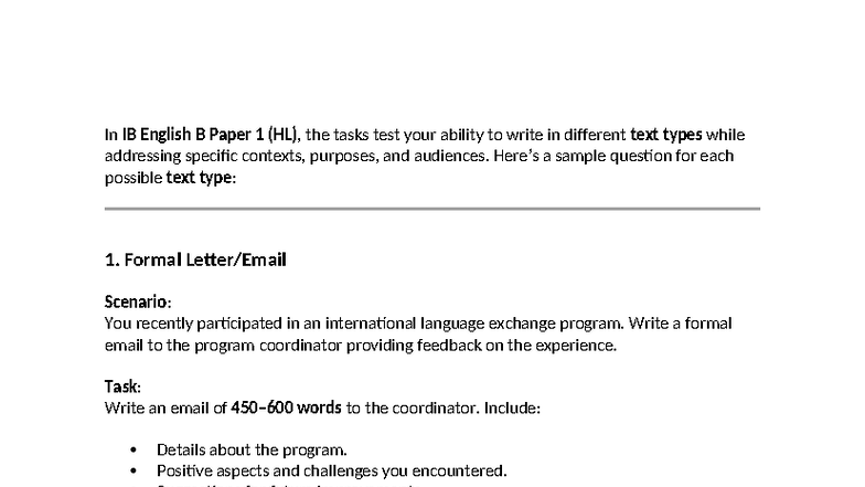 IB English B Paper 1: Guide to Writing Different Text Types - Studocu