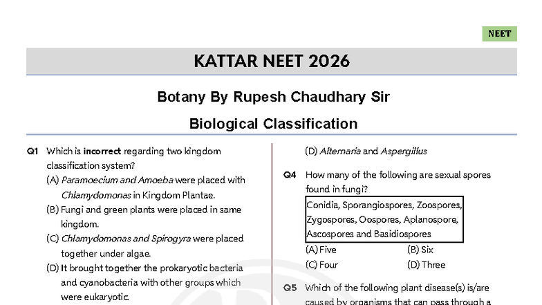 Biological Classification Notes for NEET 2026 - Kattar Botany - Studocu