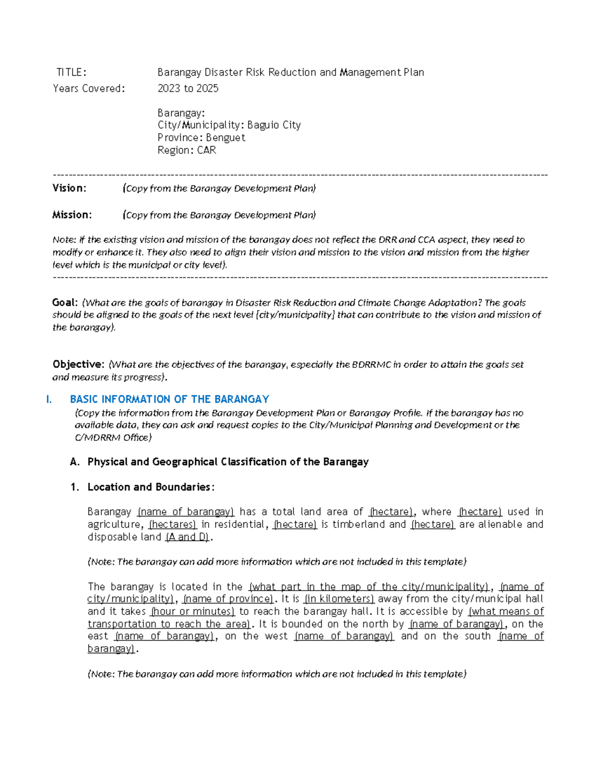 Bdrrm Plan New Template - TITLE: Barangay Disaster Risk Reduction and ...