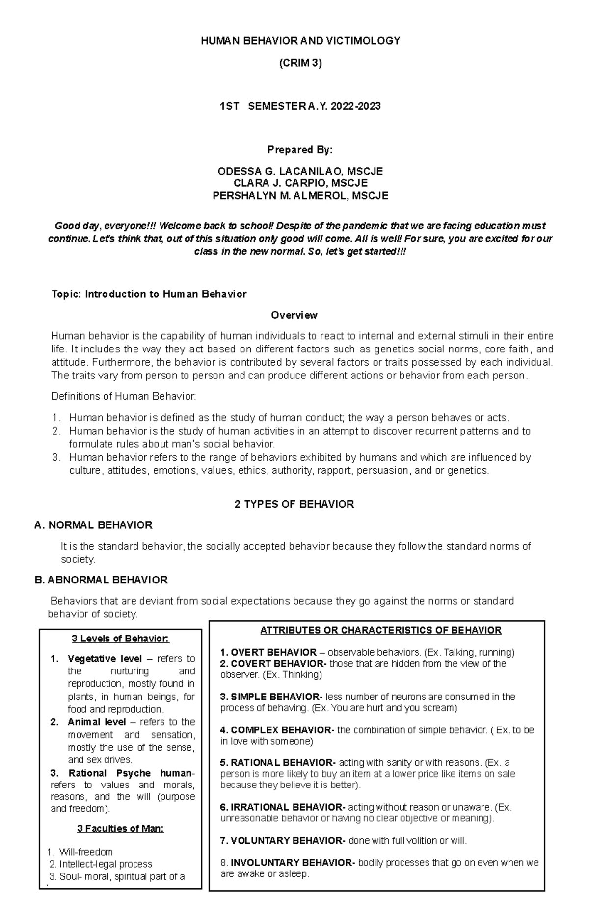 CRIM 3 Human Behavior AND Victimology - HUMAN BEHAVIOR AND VICTIMOLOGY (CRIM 3) 1ST SEMESTER A ...