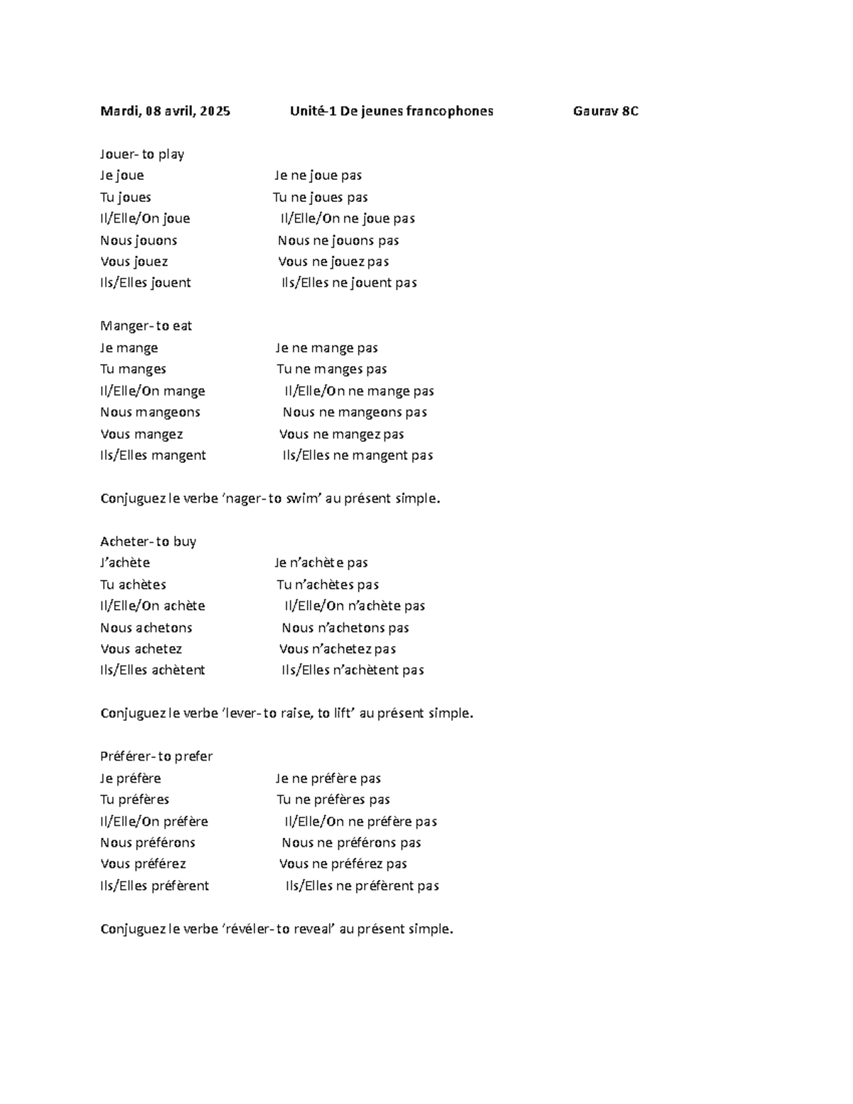 French Unit-1 Tricolore-3: Conjugation & Adjective Agreement Notes ...