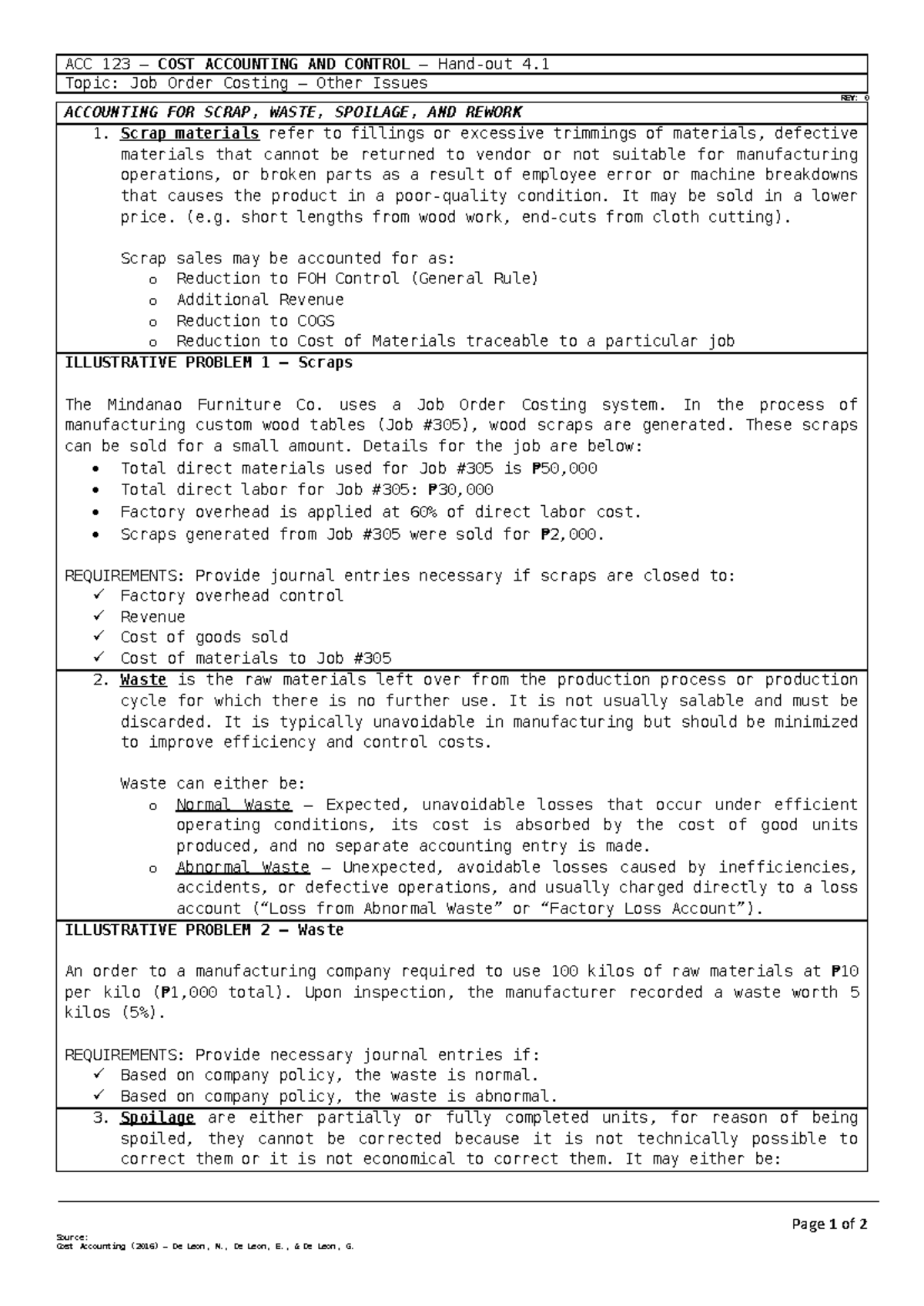 ACC 123 Job Order Costing: Accounting for Scrap, Waste, and Spoilage ...