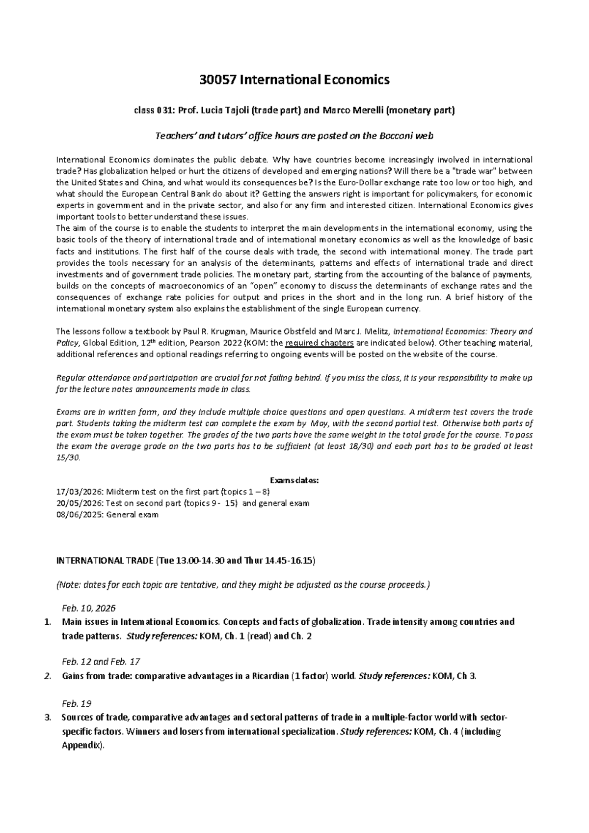 30057 International Economics Syllabus 2026: Trade & Monetary Parts ...