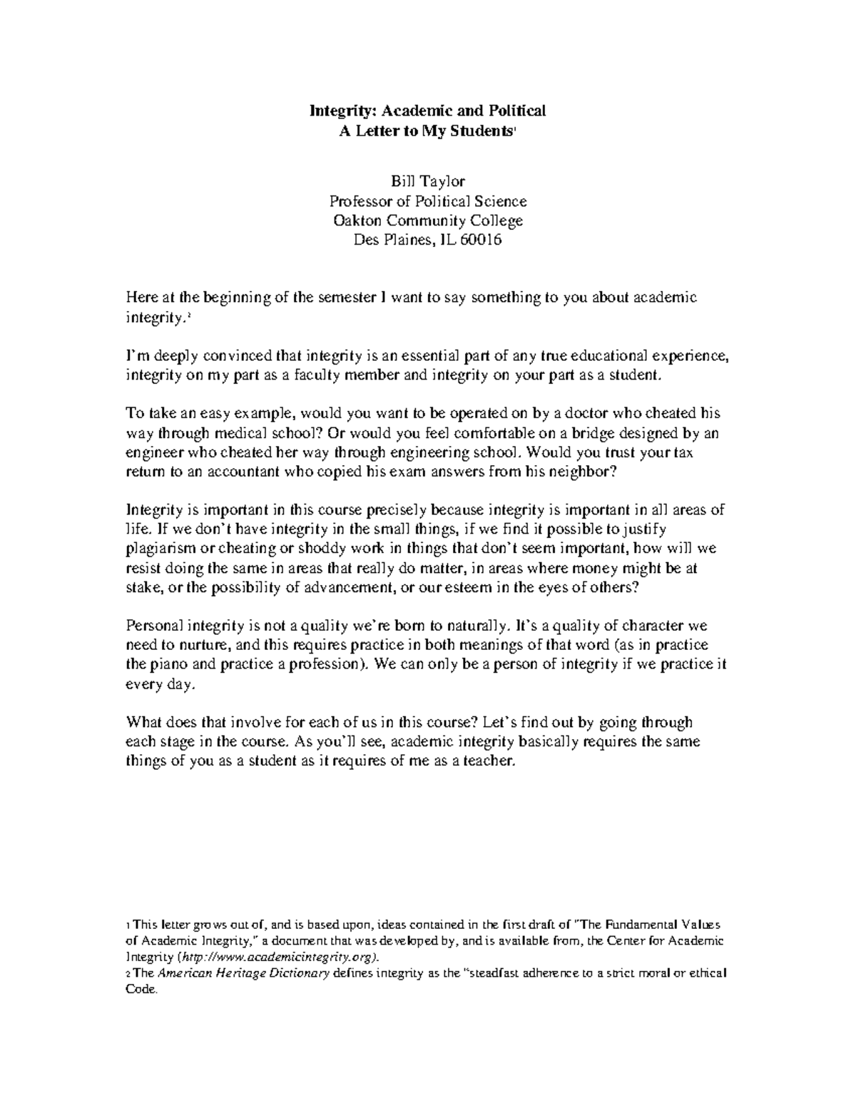 Letter to My Students on Integrity in Academia by Bill Taylor - Studocu