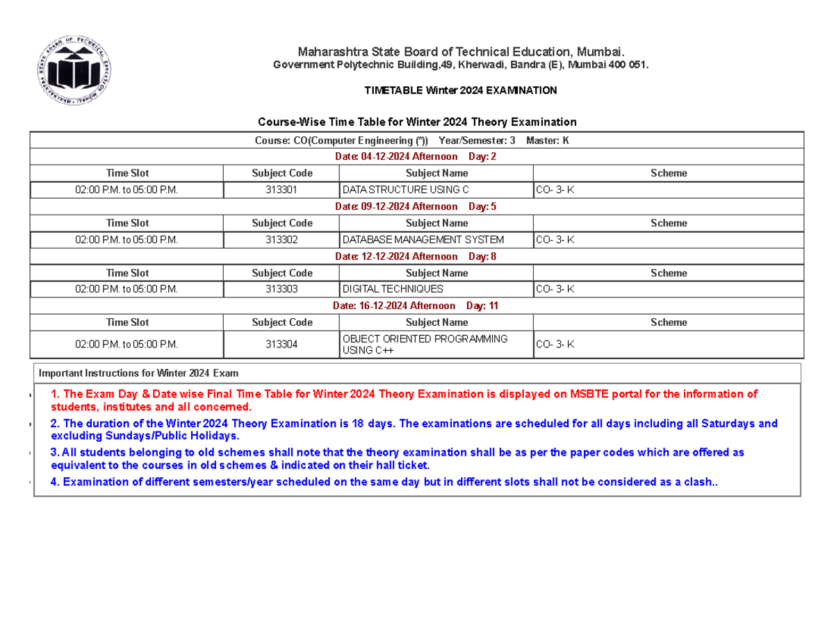 CO3k Msbte-Timetable-for-Winter-2024-Exam - Maharashtra State Board of ...