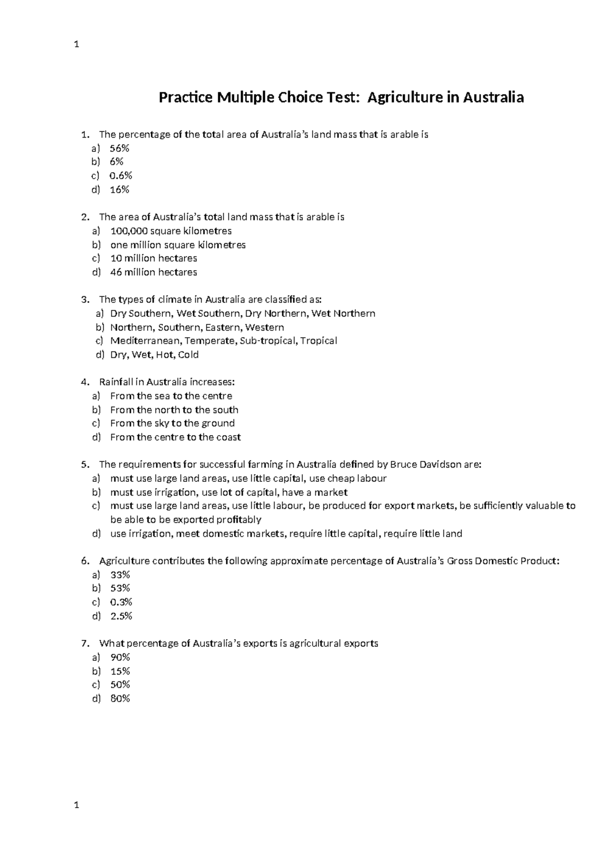 Multiple Choice Questions: Agriculture in Australia (Course Code: AGRI ...