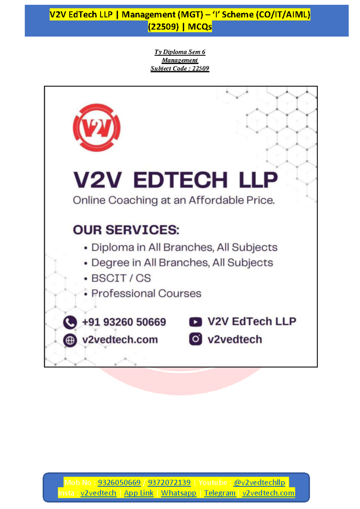 V2V EdTech LLP Management (MGT) Scheme (22509) MCQs for Diploma Sem 6 ...
