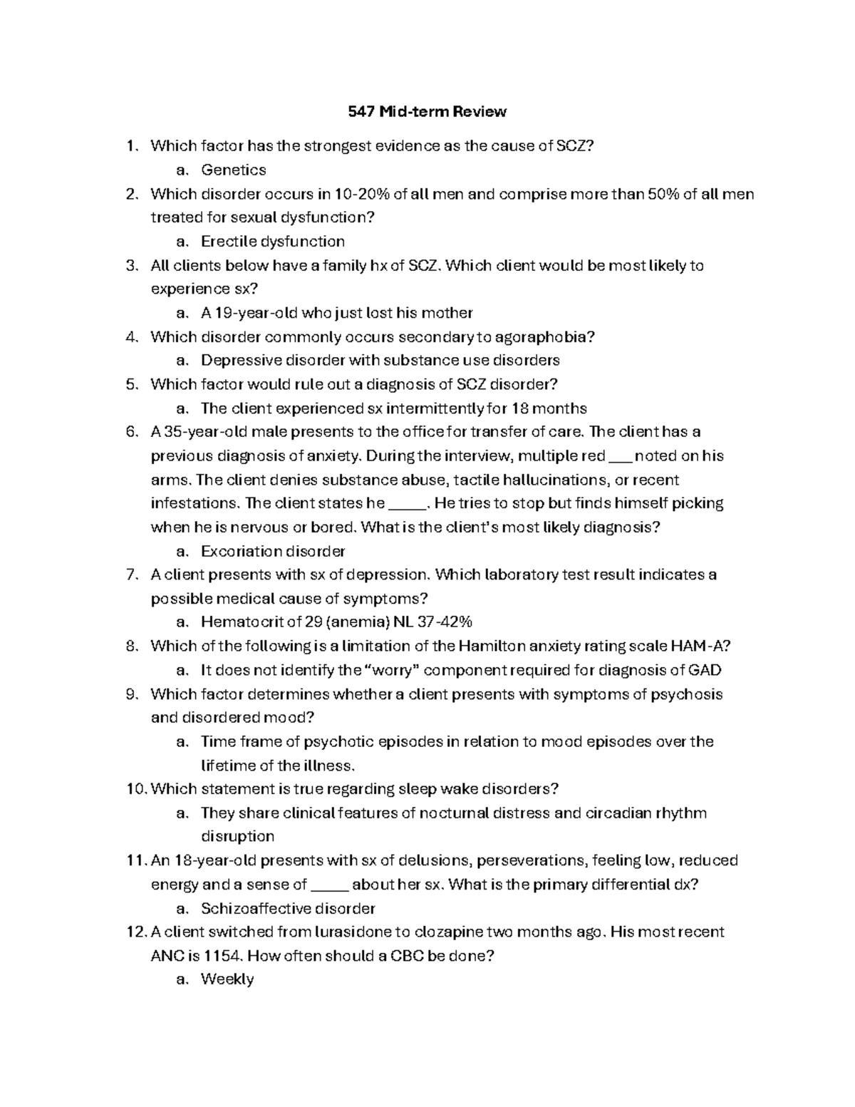547 Mid-term Study Guide: Key Concepts in SCZ & Anxiety Disorders - Studocu
