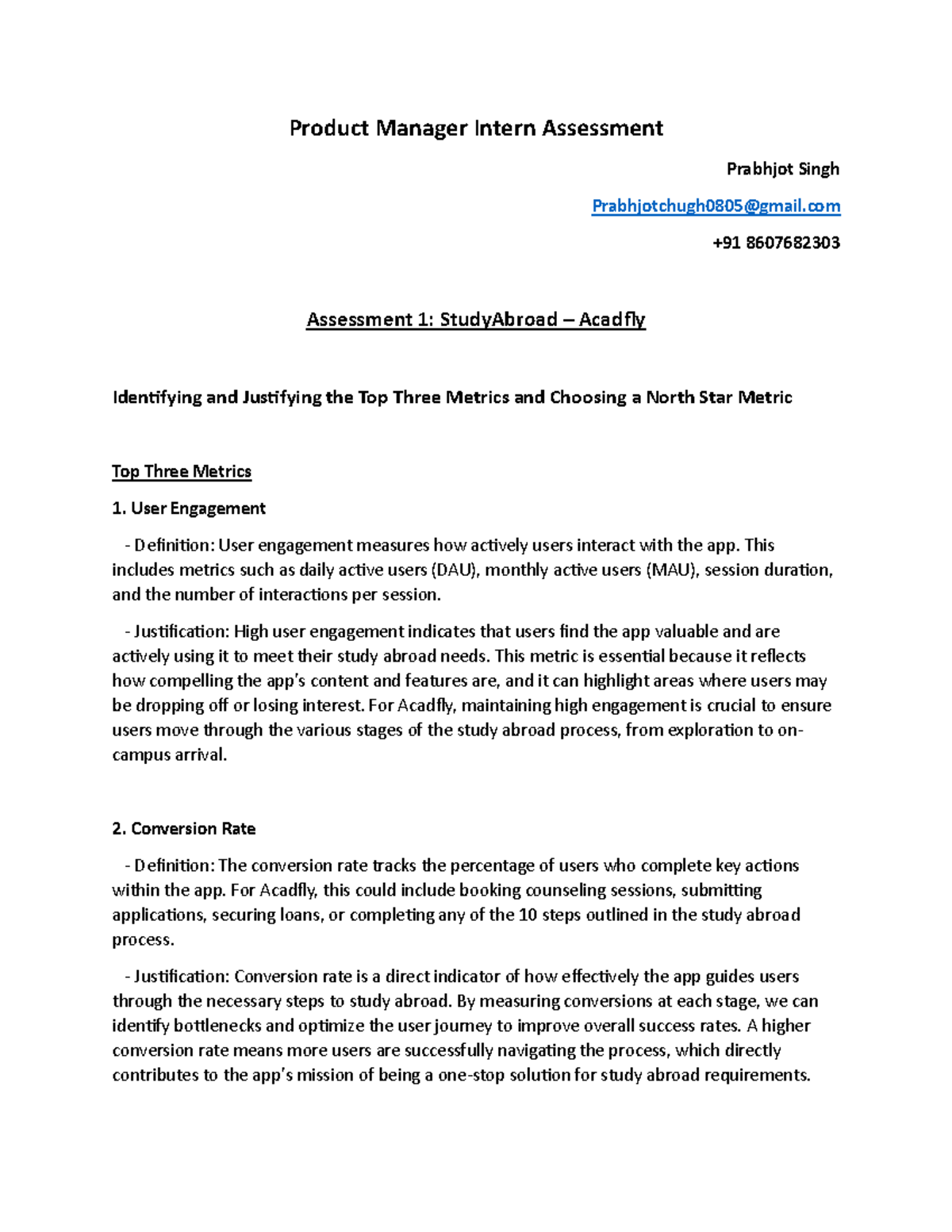 Product Manager Intern Assessment - Metrics for StudyAbroad App - Studocu