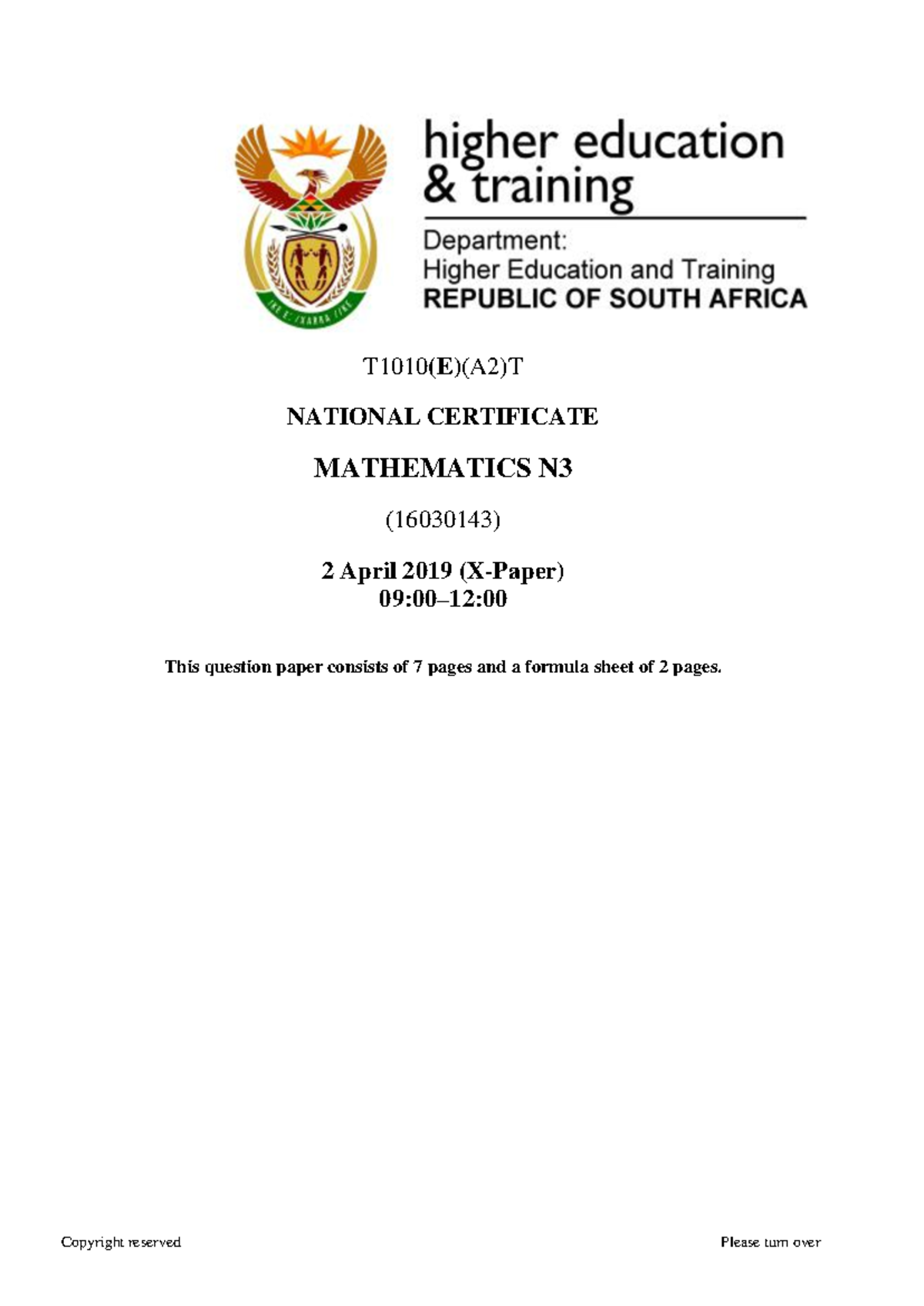 Mathematics N3 Final Exam Question Paper April 2019 (16030143) - Studocu