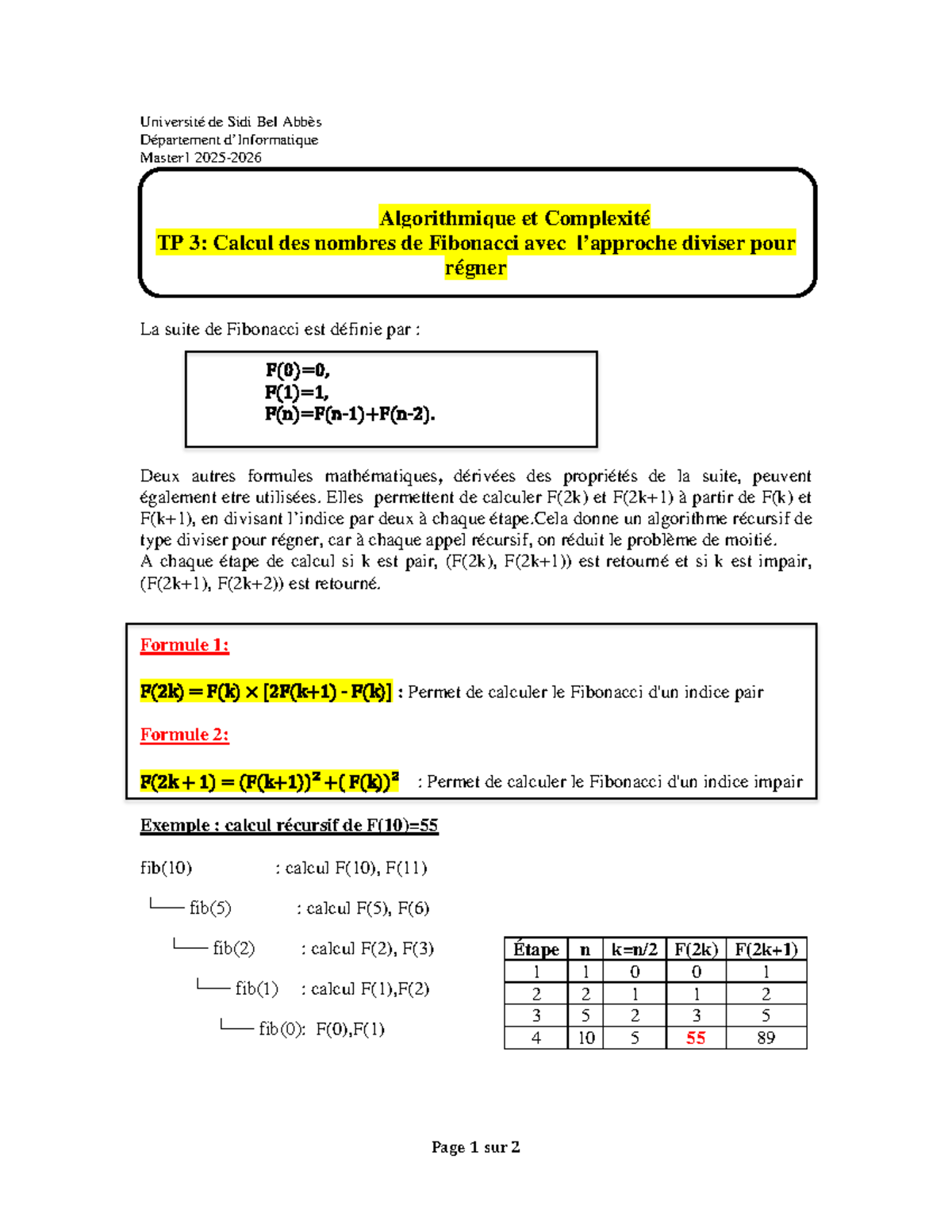 AC-TP3: Calcul des Nombres de Fibonacci avec Diviser pour Régner - Studocu