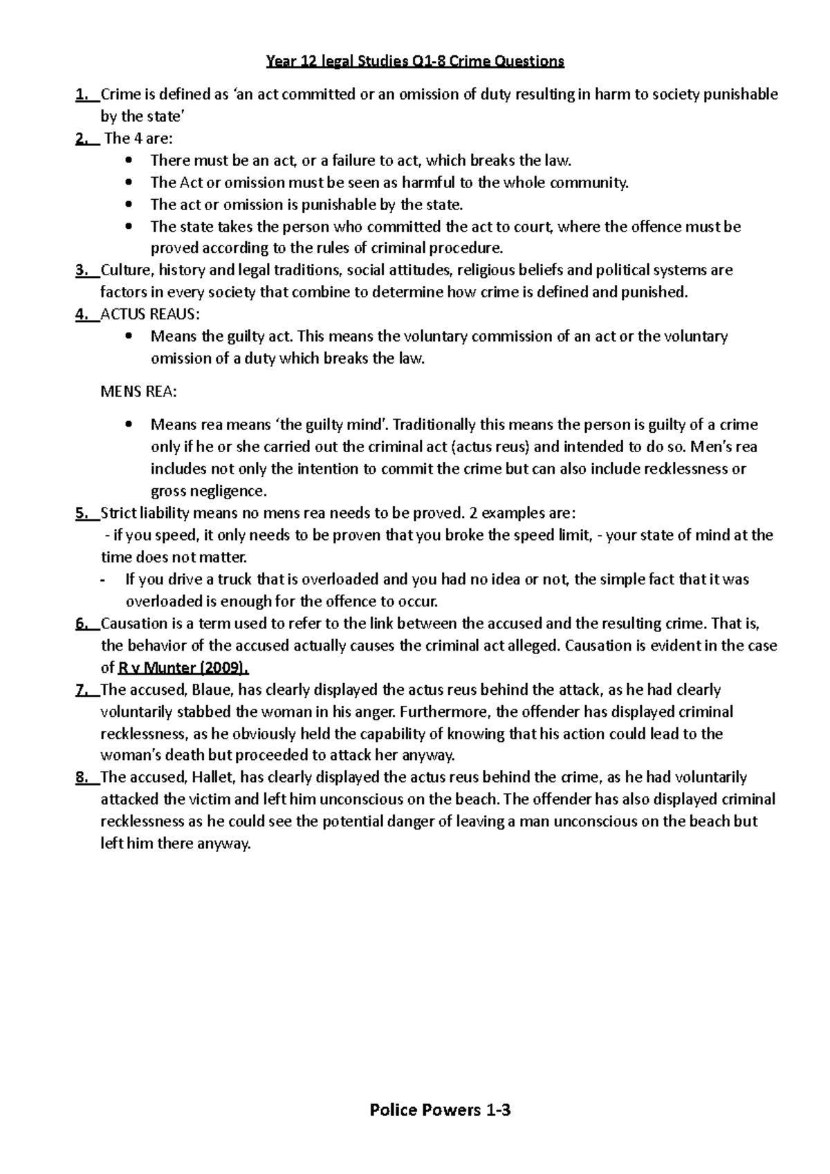 Year 12 Legal Studies - Crime & Police Powers Qs 1-8 Notes - Studocu