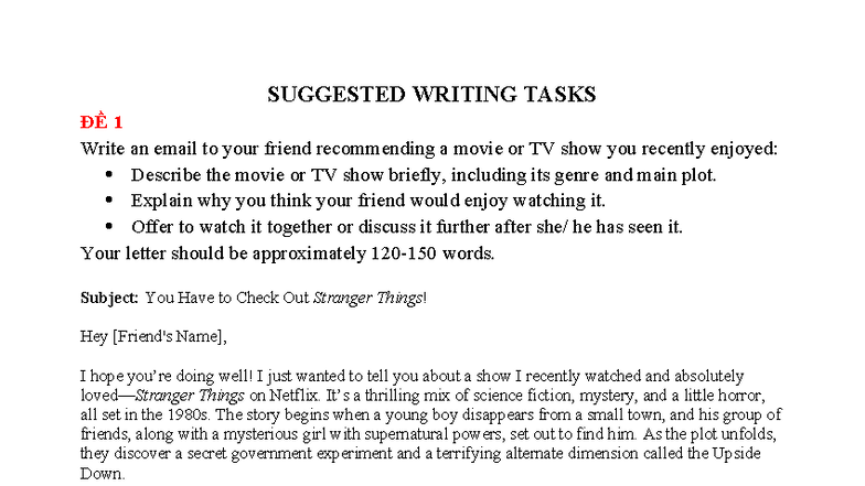 Suggested Writing Tasks: Email Recommendations and Personal Letters ...