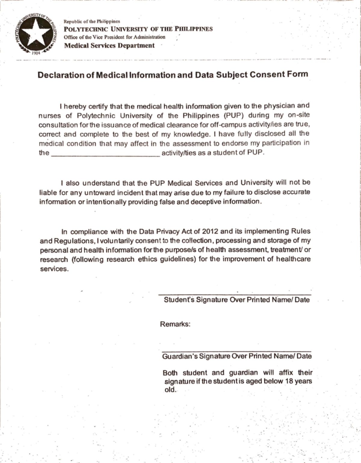 PUP 1904 Medical Consent Form & Declaration of Health Info - Studocu