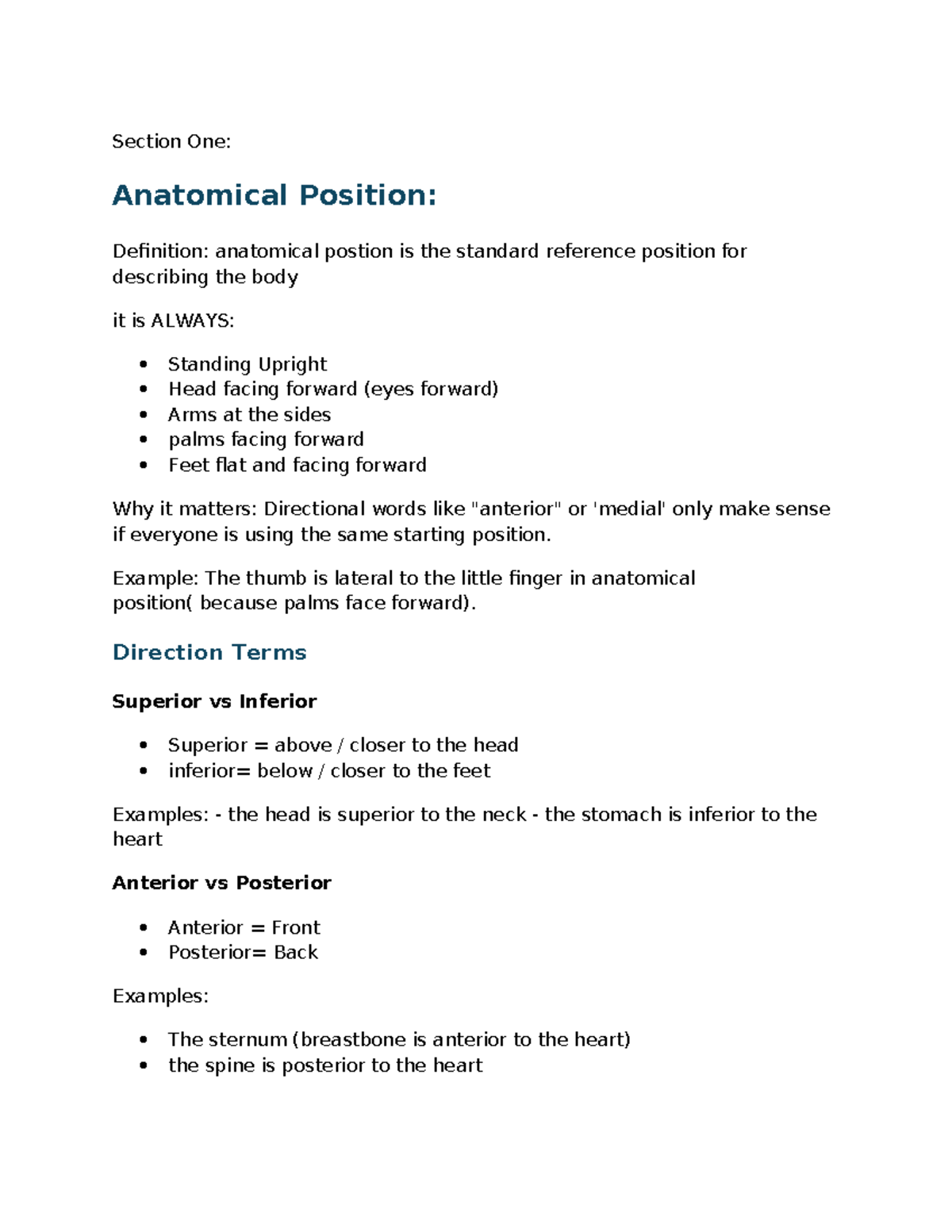 Anatomical Position & Directional Terms: A Study Guide (BIO101) - Studocu