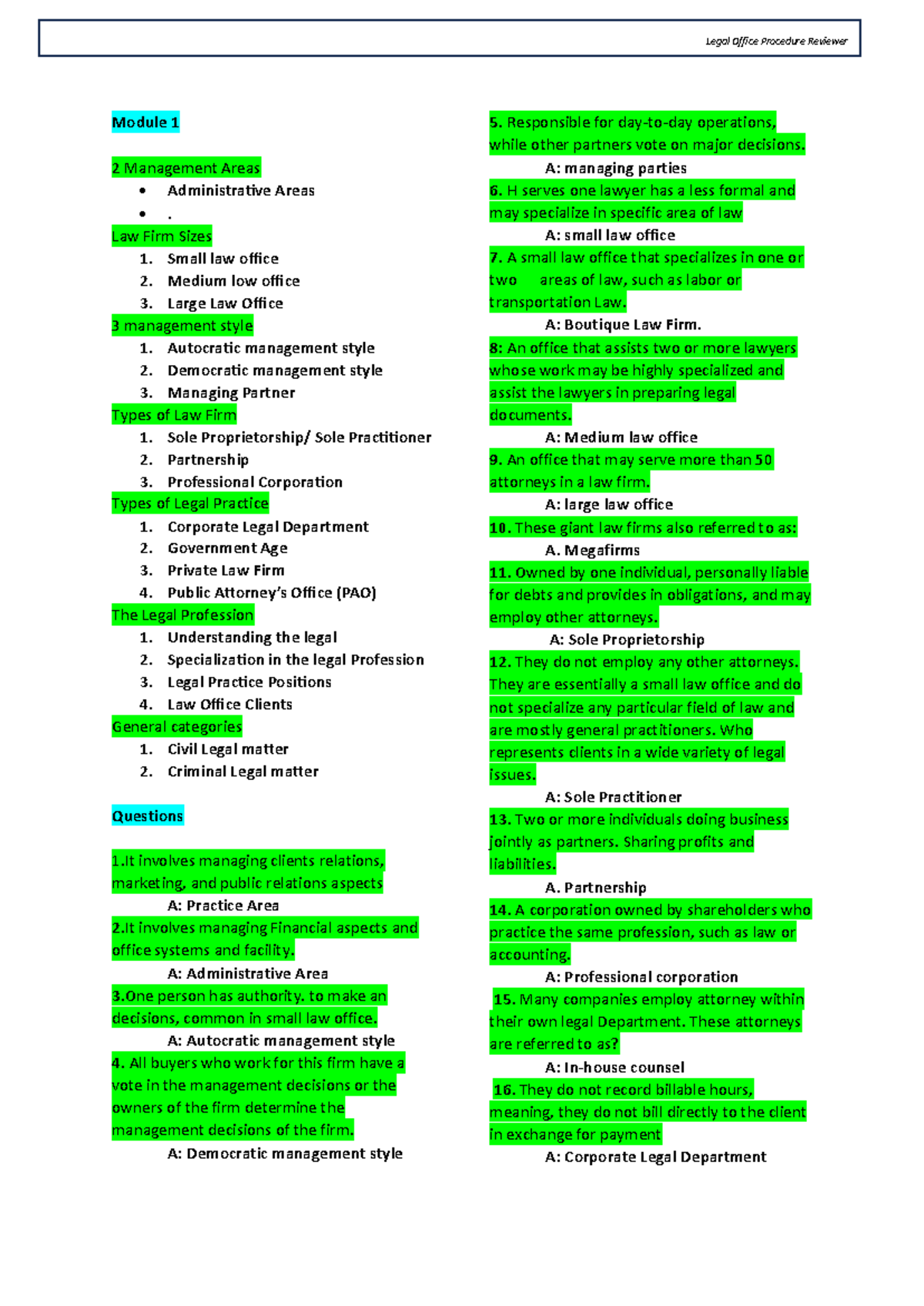 Legal Office Procedure Reviewer - Module 1 2 Management Areas ...