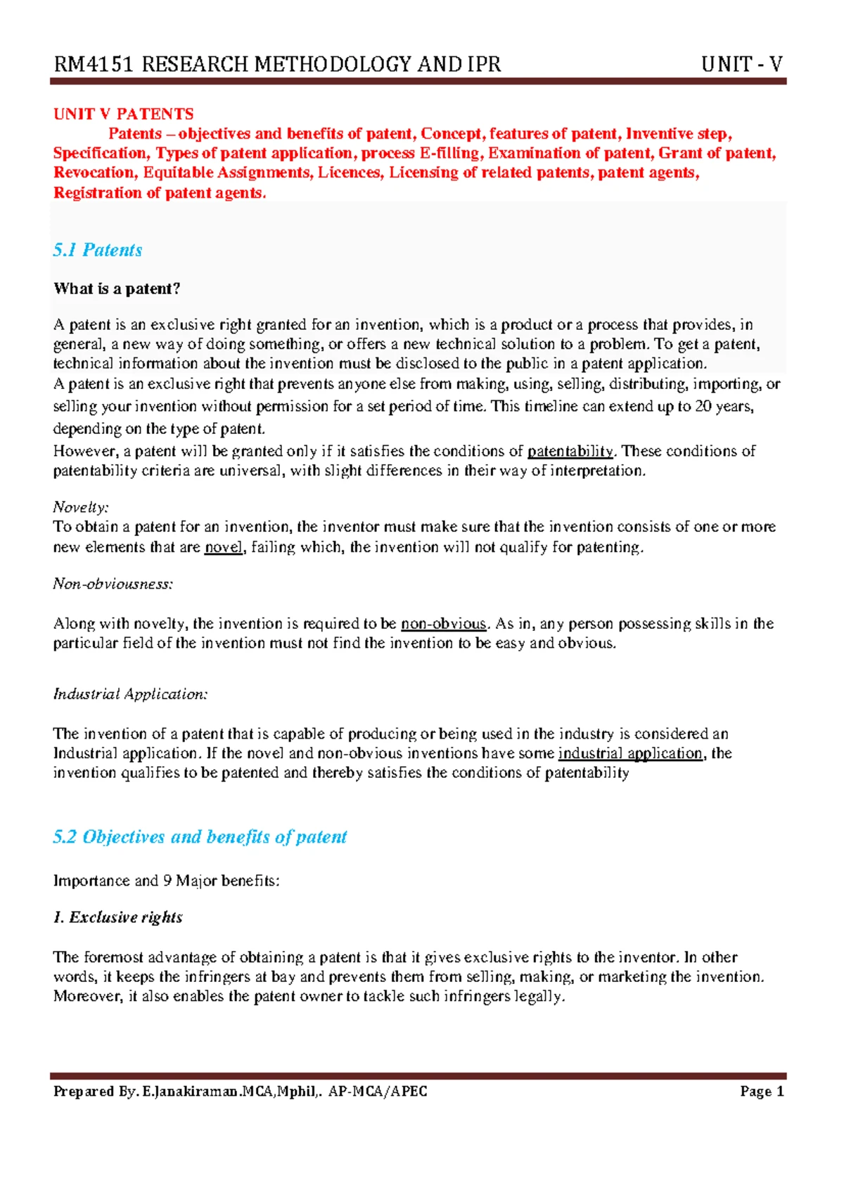 UNIT V Patents concept - UNIT V PATENTS Patents – objectives and ...
