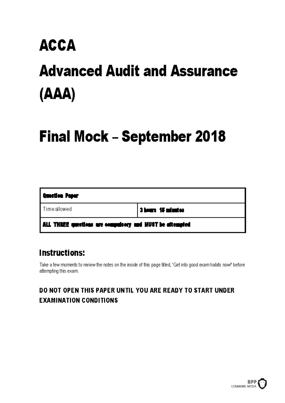 ACCA AAA Final Mock September 2018 Exam Questions and Instructions ...