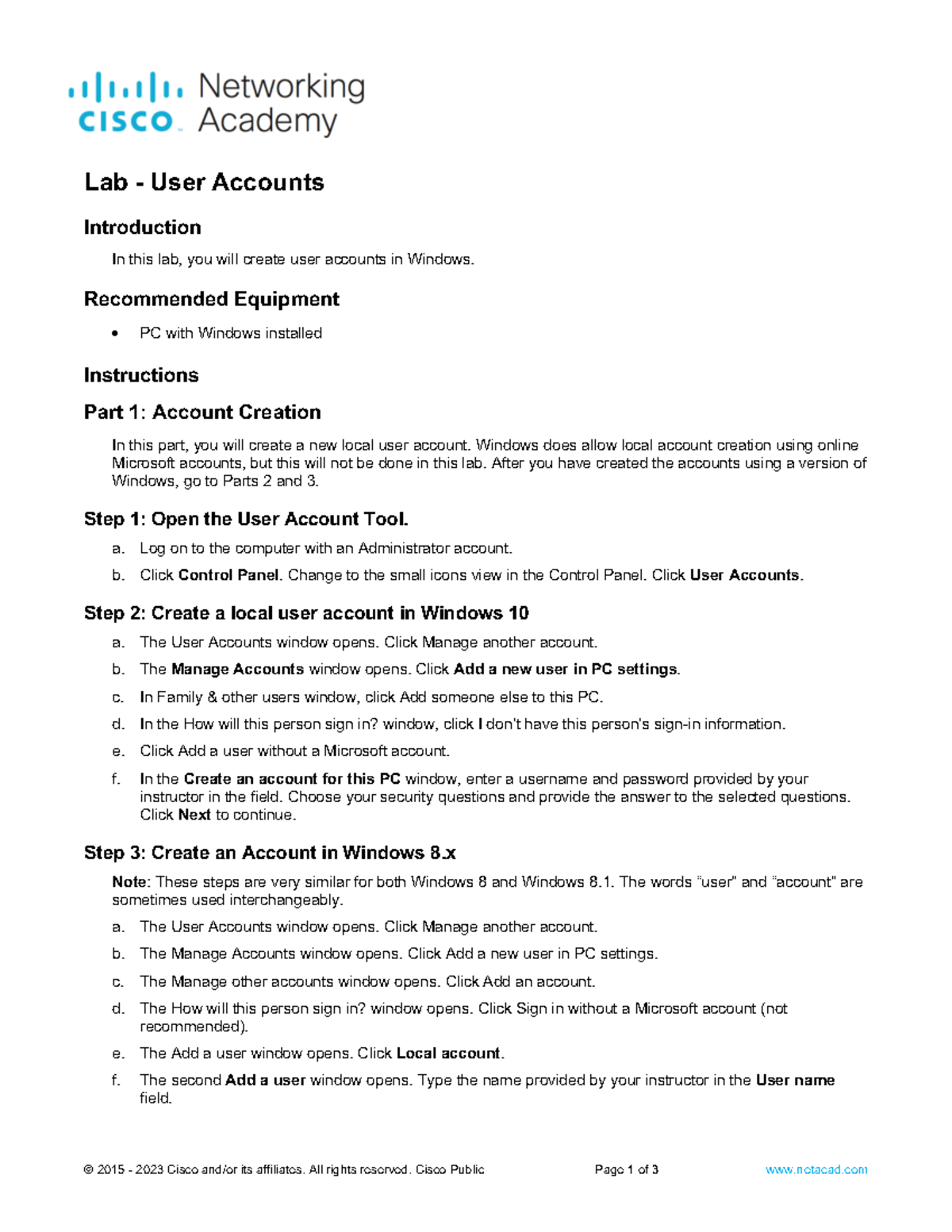 11.2.2.3 Lab - User Accounts-1 - ã 2015 - 2023 Cisco and/or its ...