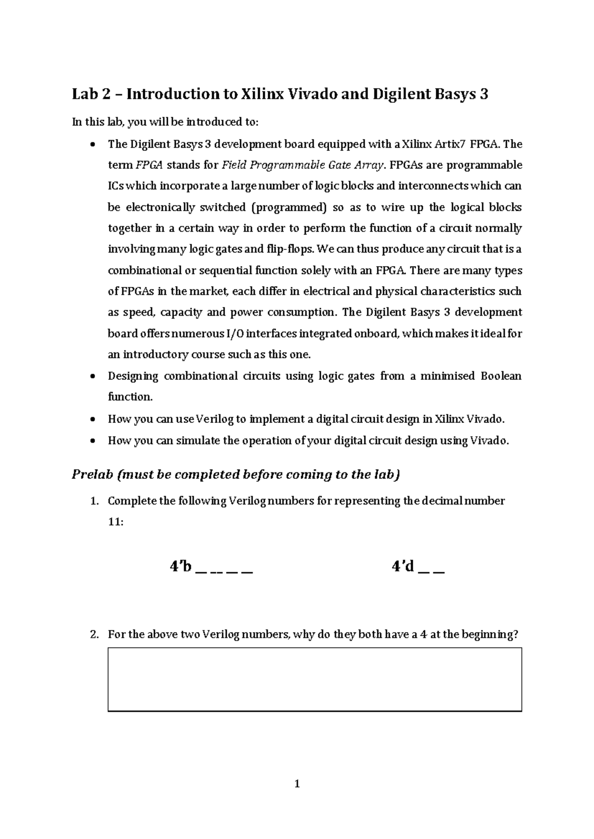 Lab 2 - Intro to Xilinx Vivado & Digilent Basys 3 Development Board ...