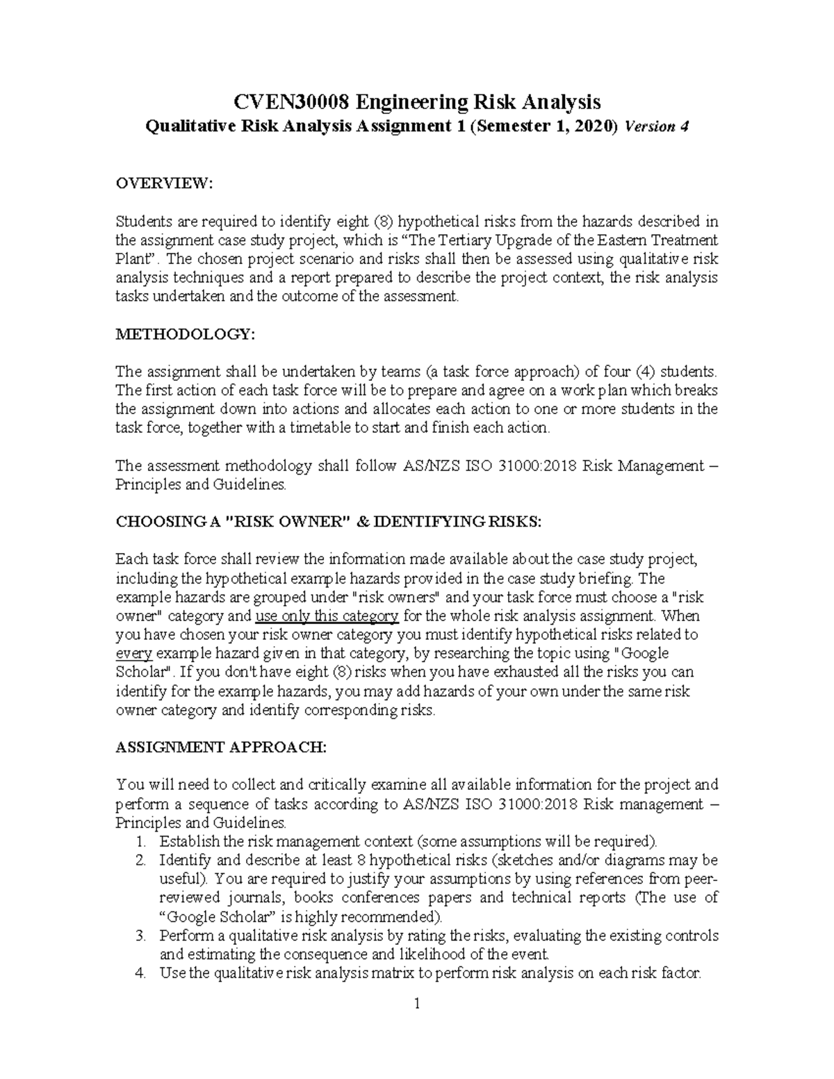 Assignment 1 Qualitative Risk Analysis Case Study - CVEN30008 ...