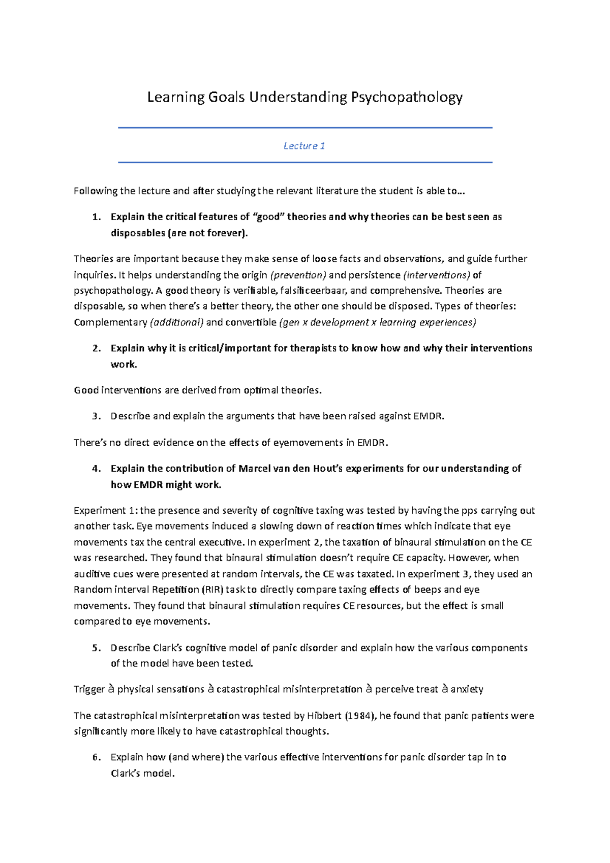 Psychopathology Learning Goals: Lecture 1 & 2 Insights (PSY101 ...