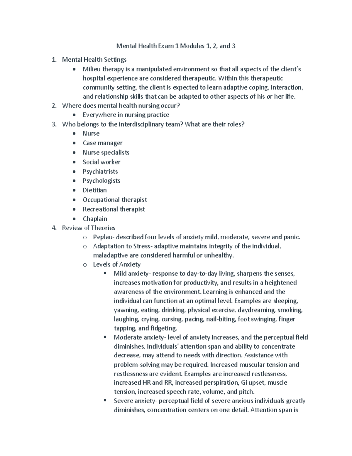 Mental Health Exam 1 Review - Modules 1, 2, and 3 Overview - Studocu