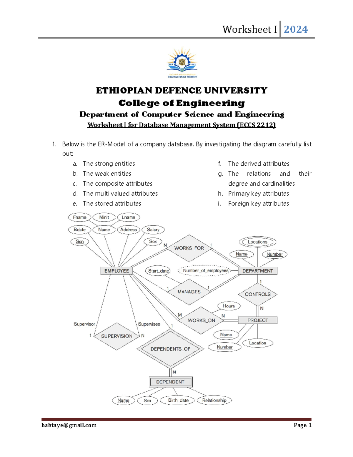 Worksheet I for Database Management System (ECCS 2212) - Studocu