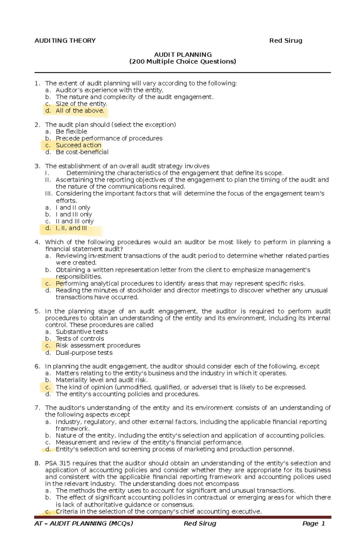 AUDITING THEORY (AUDIT 101) - 200 MCQs on Audit Planning - Studocu
