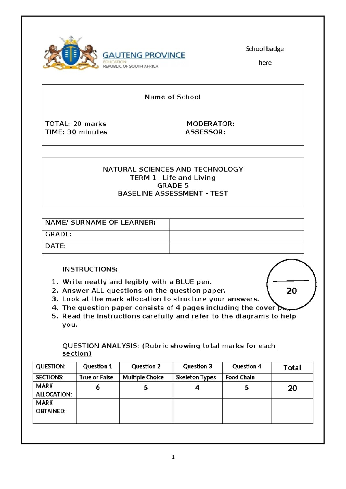 Grade 5 NST 2025 Baseline Assessment - Life and Living Test - Studocu