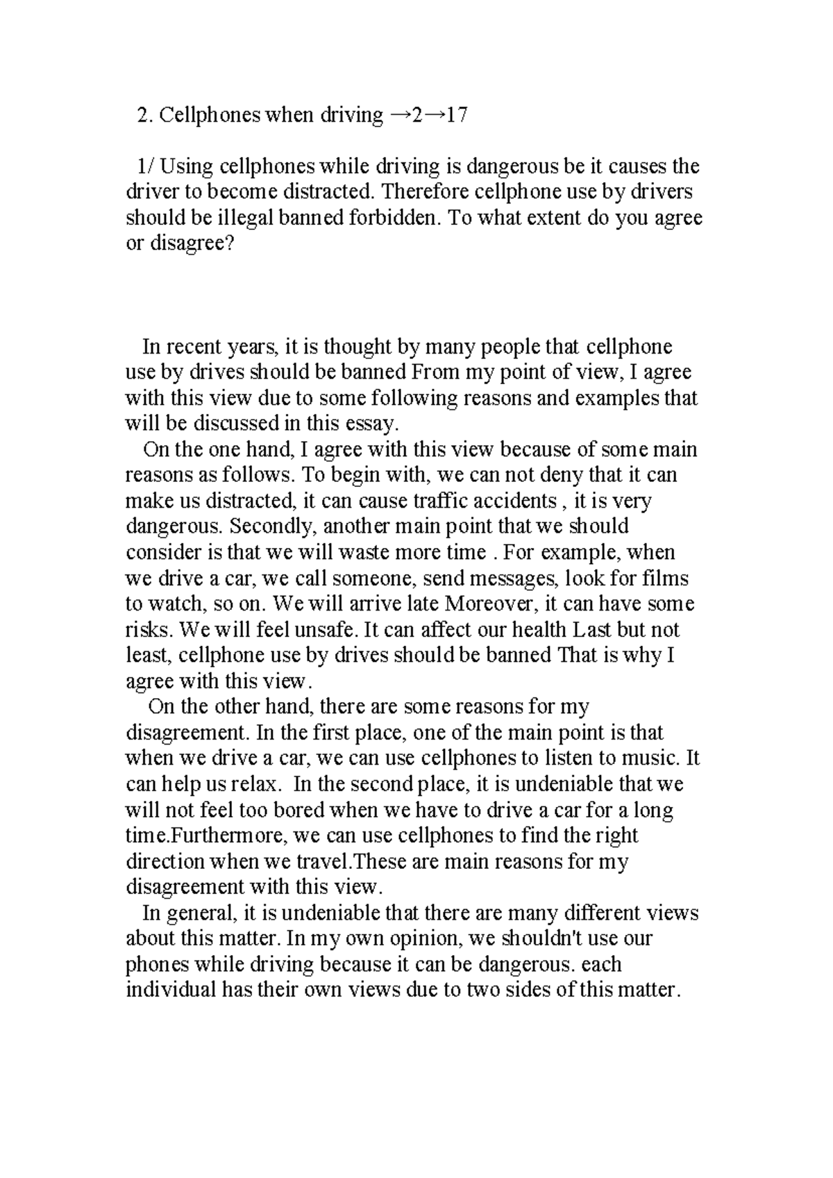 2. Essay on Cellphone Use While Driving: Agree or Disagree? - Studocu