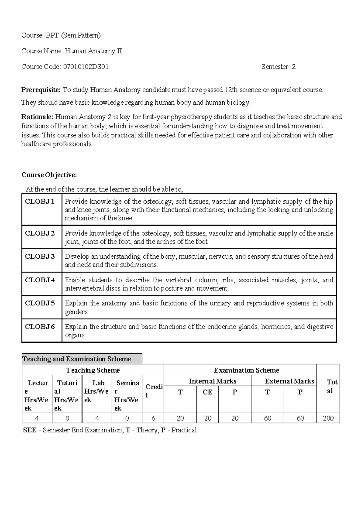 BPT 07010102DS01: Human Anatomy II Lecture Notes - Semester 2 - Studocu