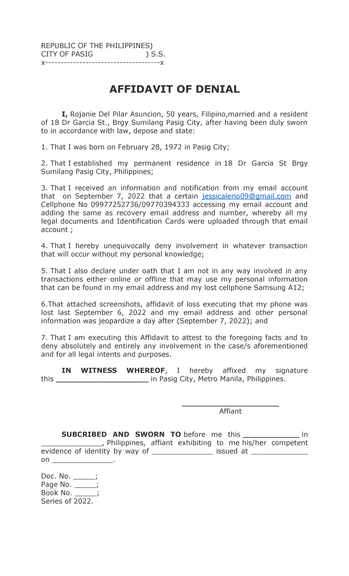 Affidavit of Denial - Legal Document Example - Studocu