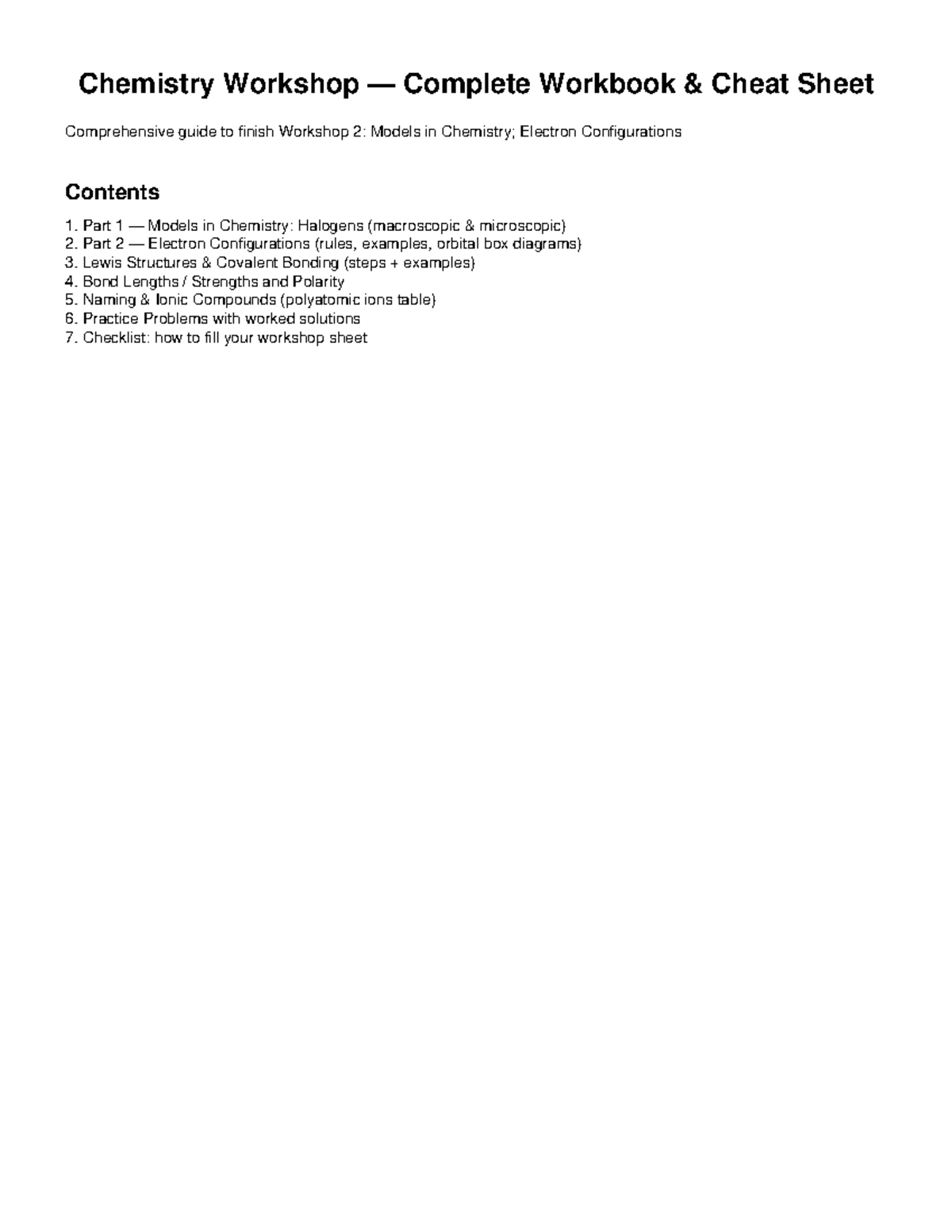 Chemistry Workshop 2: Electron Configurations & Models Cheat Sheet ...