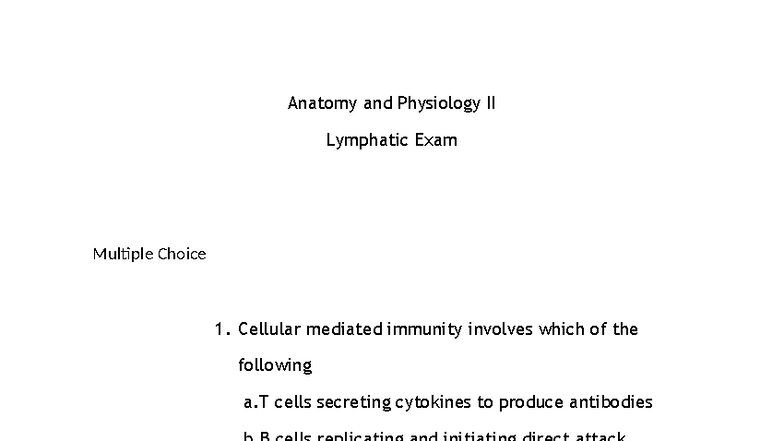 AP II Lymphatic Exam: Multiple Choice Questions and Answers - Studocu