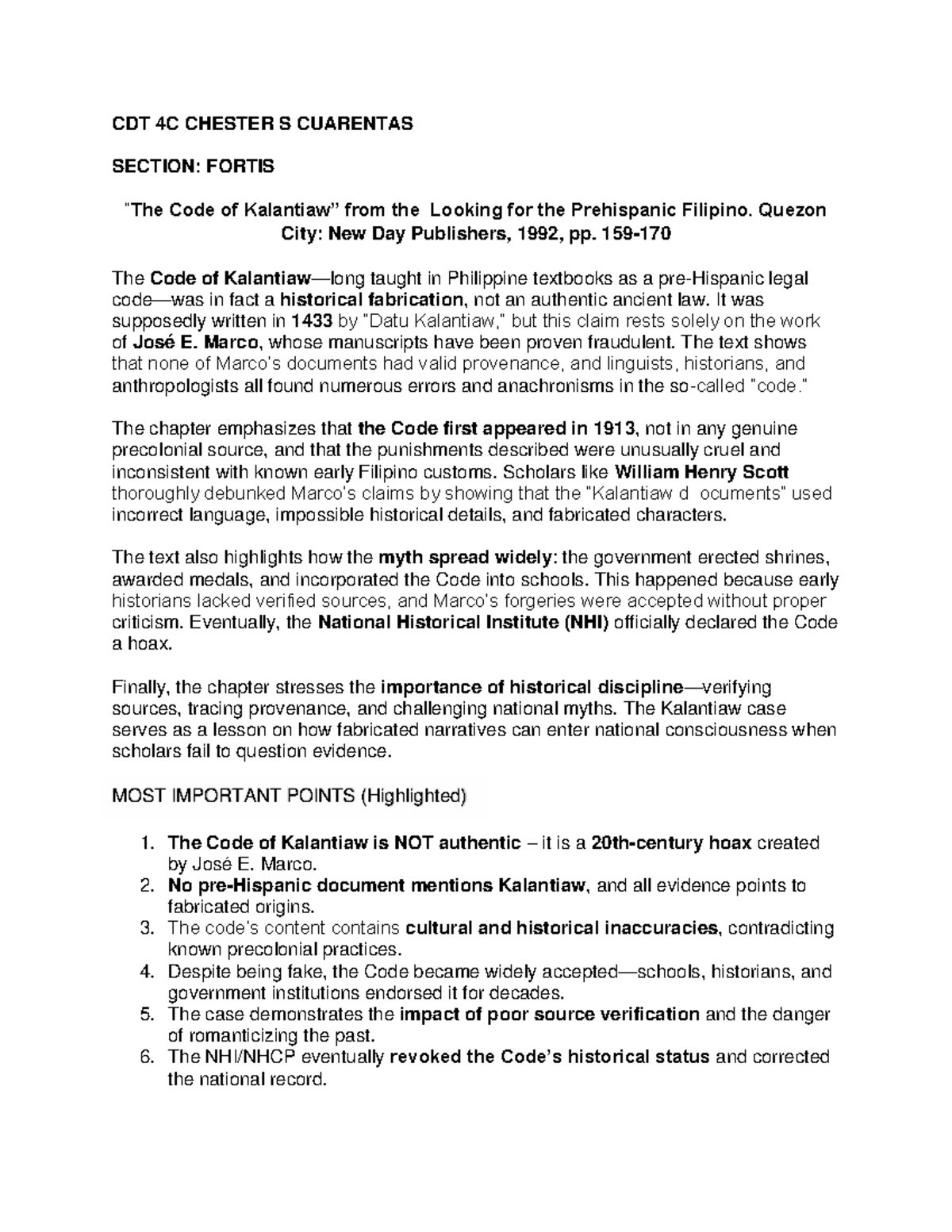 CDT 4C Final Exam Notes: Debunking the Kalantiaw Code Myth - Studocu