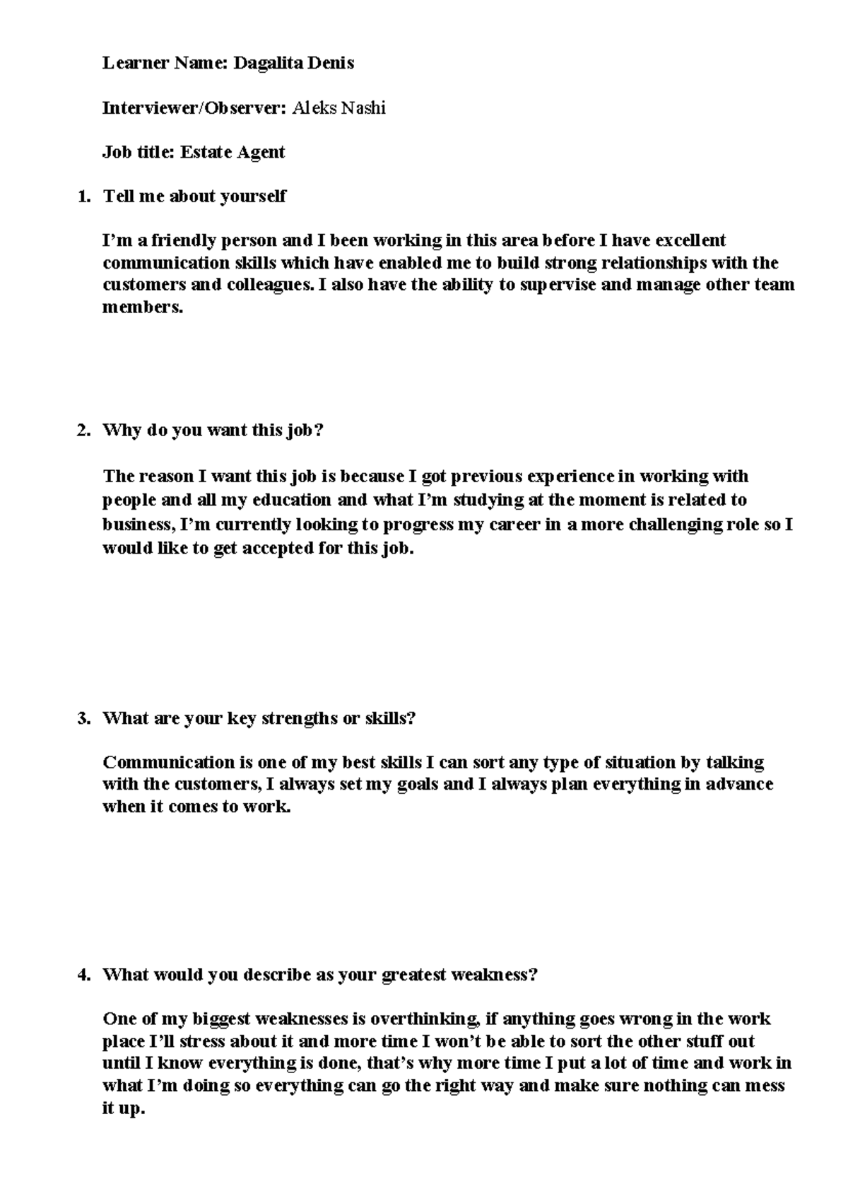 Interview Questions for Estate Agent Position - Final Exam - Studocu