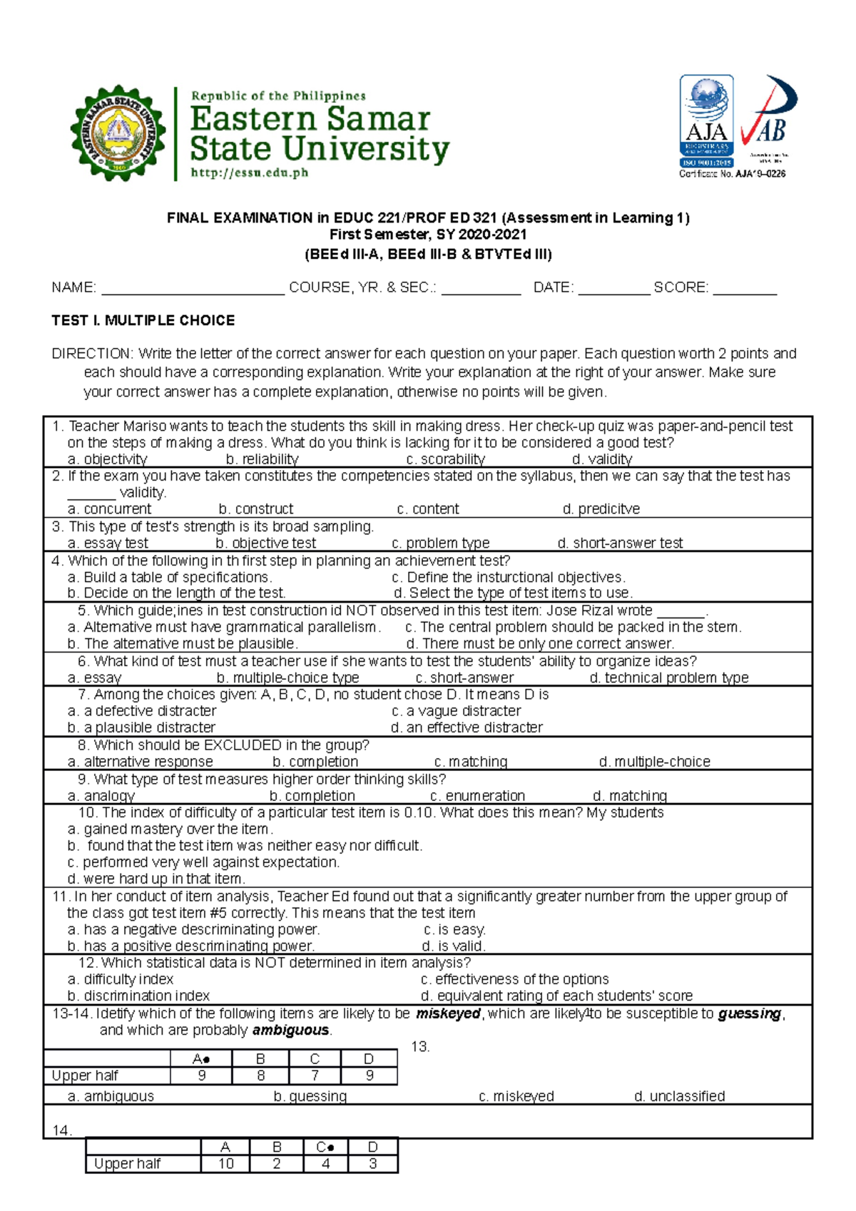 Final Exam in Assessment of Learning 1, First Sem., SY 2020-2021 - 1 ...