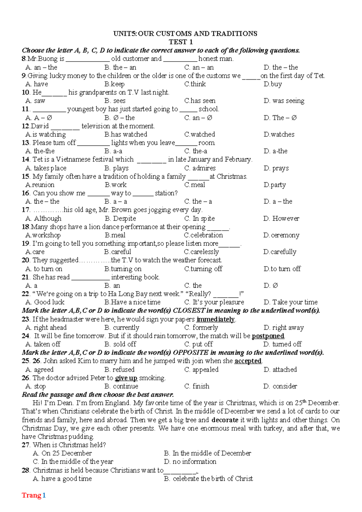 UNIT 5: OUR CUSTOMS AND TRADITIONS TEST 1 Review Questions - Studocu