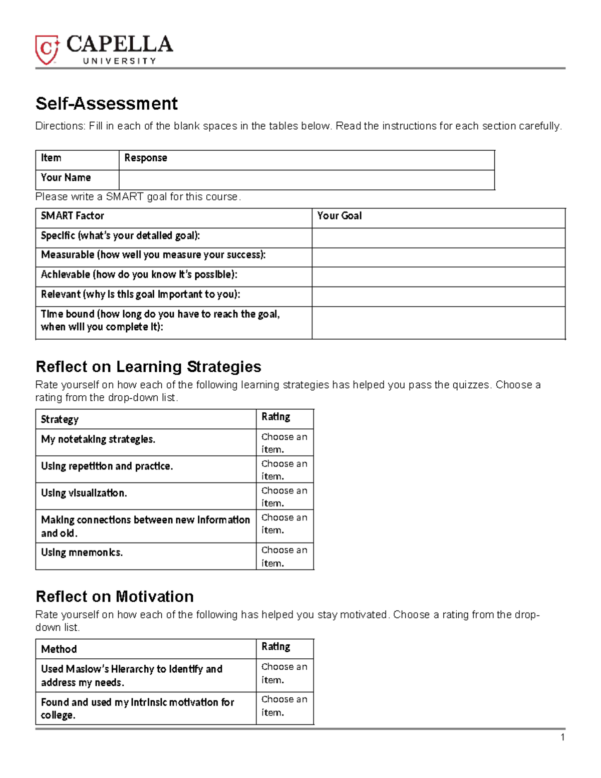 Self-Assessment Paper: SMART Goals & Learning Strategies - Studocu