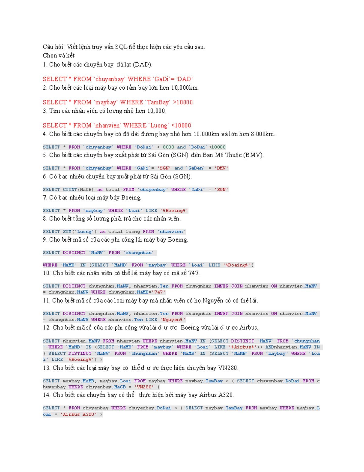 Pdfcoffee - sdfdsf - Câu hỏi: Viết lệnh truy vấn SQL ñể thực hiện các ...