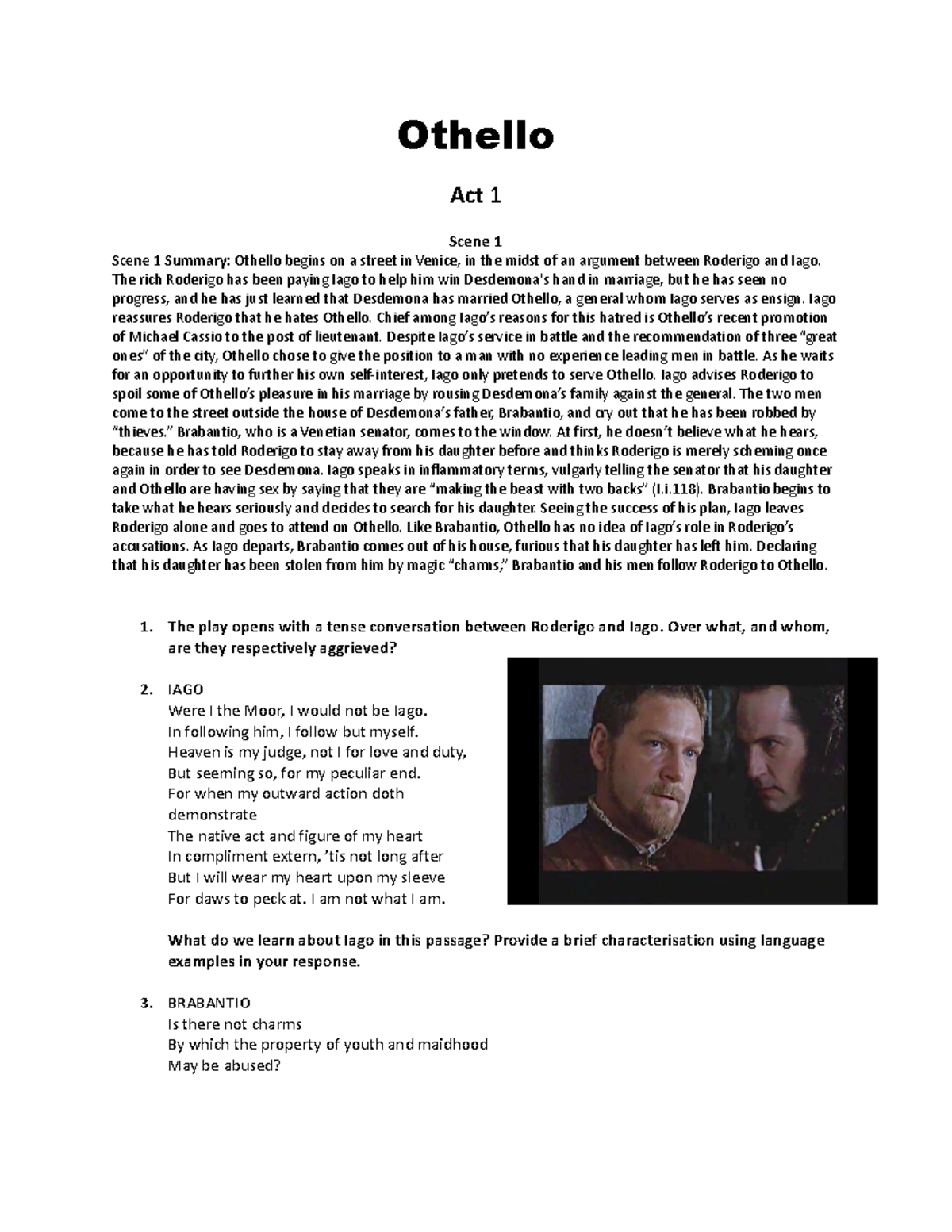 Othello Act 1Questions - Othello Act 1 Scene 1 Scene 1 Summary: Othello ...