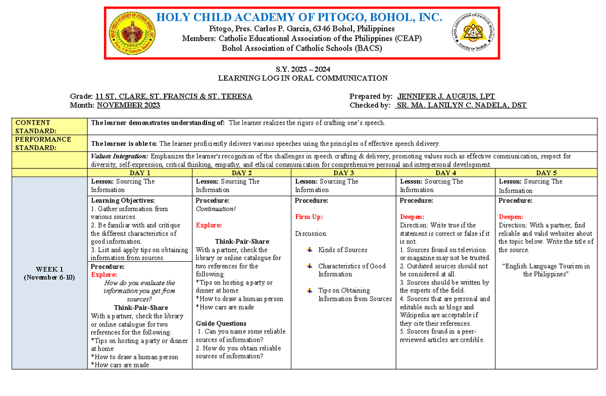 ORAL COM. 11 - November - DAILY LESSON LOG - S. 2023 – 2024 LEARNING ...